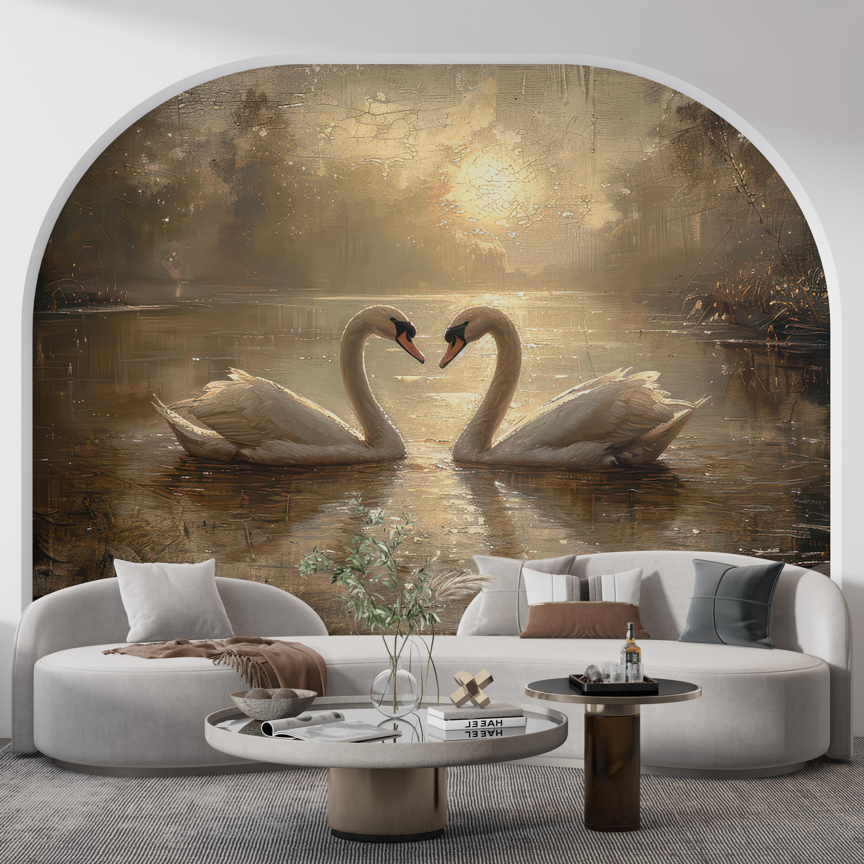 Swans on the Lake Landscape Wall Decal, Elegant Watercolor Wall Decor ...