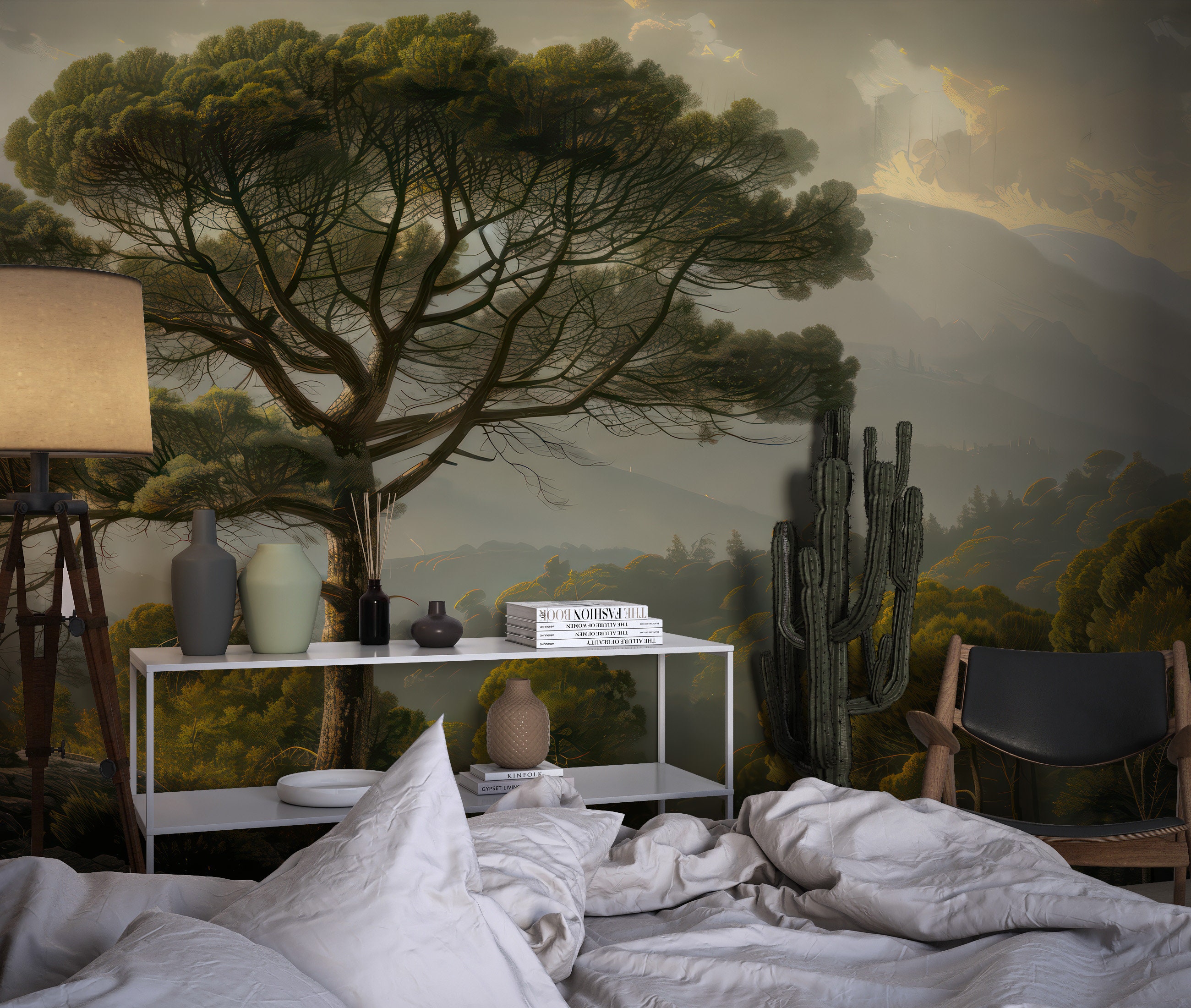 Retro Scenic Wallpaper, Historical Tree Wall Mural, Vintage Landscape ...