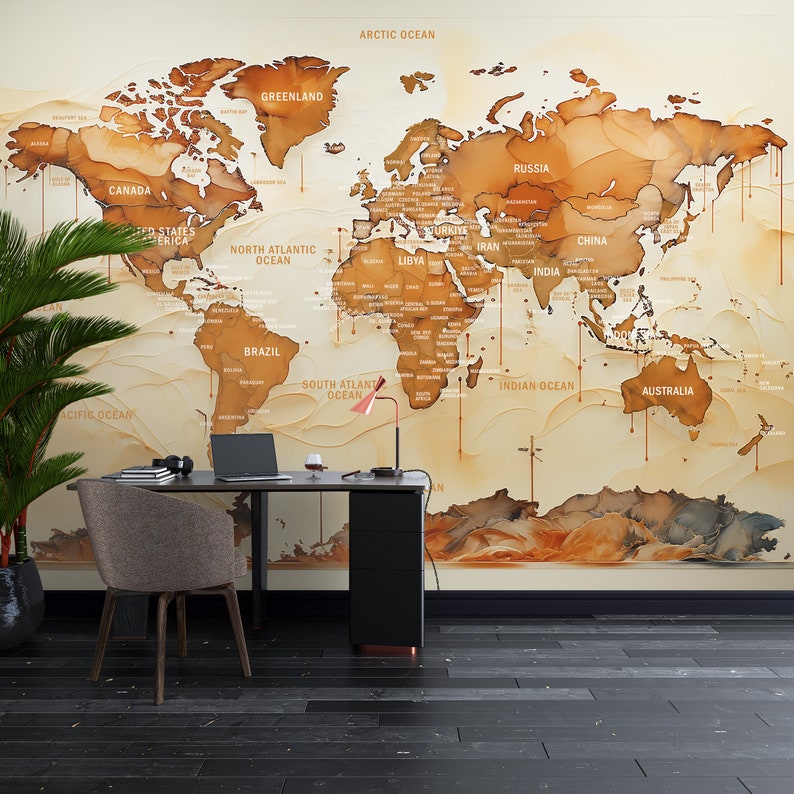 World Map Wallpaper 3D Map Wall Decor Countries Seas and - Etsy