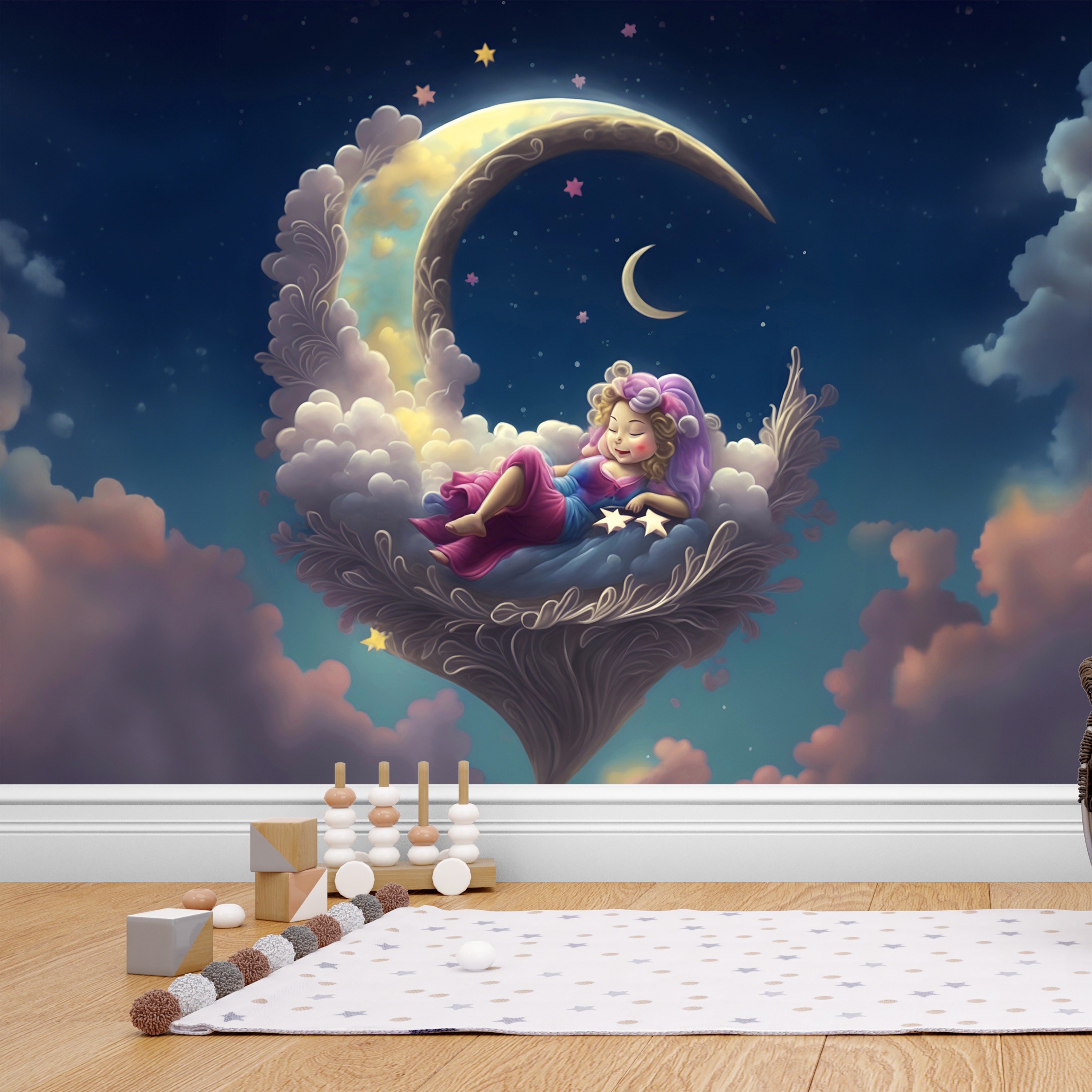 Little Princess Sleeping on the Moon Wallpaper for Nursery and Kids ...