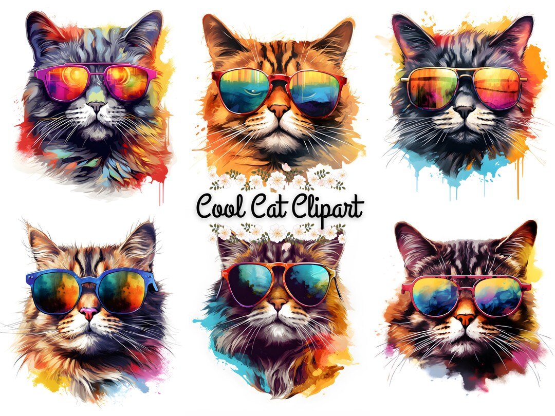 Cool Cat Clipart Watercolor Cool Cats High Quality Jpgs Cat - Etsy