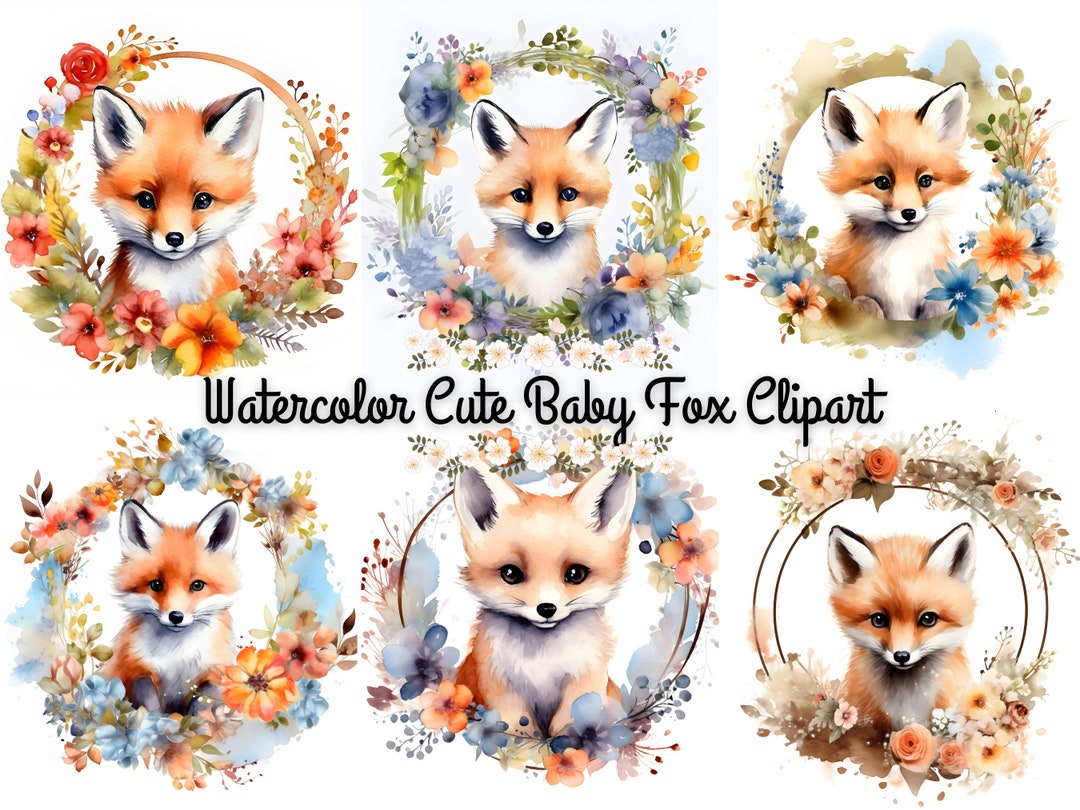 Watercolor Cute Baby Fox Clipart Cute Foxes With Flower - Etsy