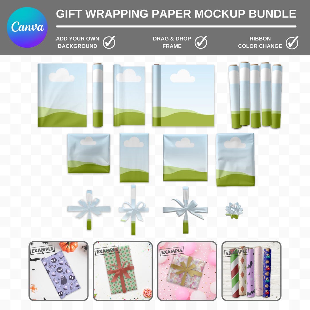 Wrapping Paper Mockup Canva, Gift Mockup With Ribbon (digital Download ...