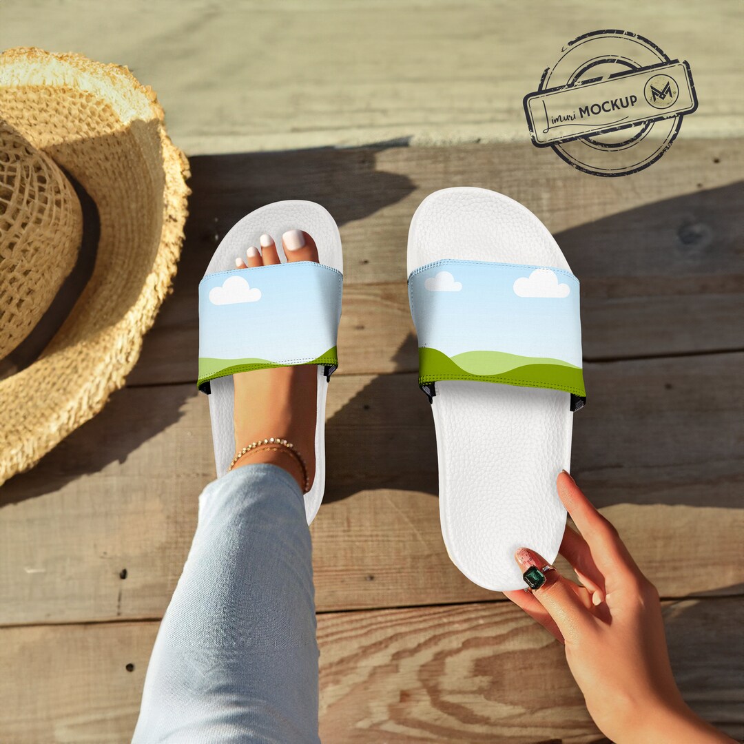 White Sandals Mockup, Sublimation Slider Sandals Mockup, Slide Sandals ...
