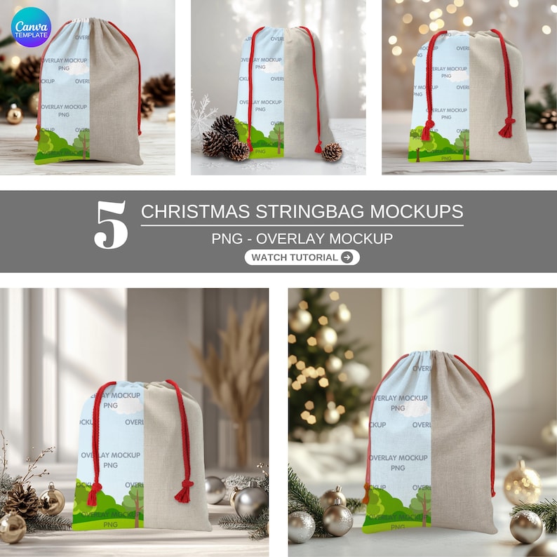 5x Drawstring Santa Sack Mockup, Sublimation Santa Bag Mockup, Santa's ...