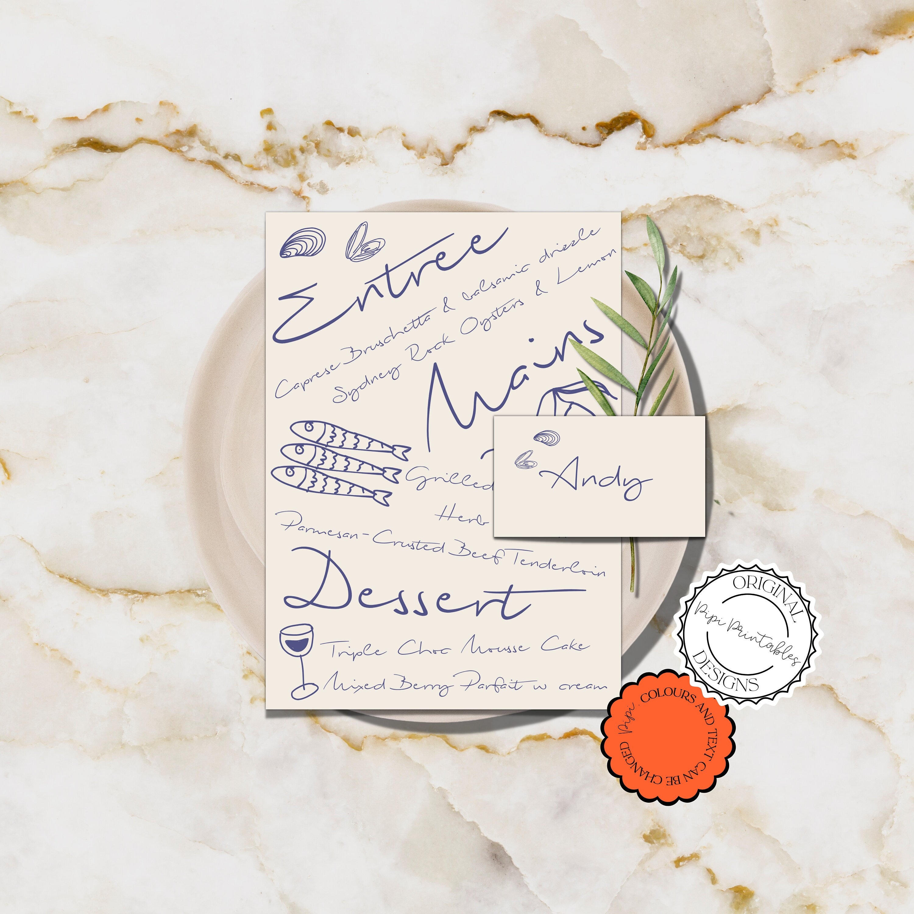 Hand Drawn Wedding Menu and Place Card Template Illustrated Dinner Menu ...