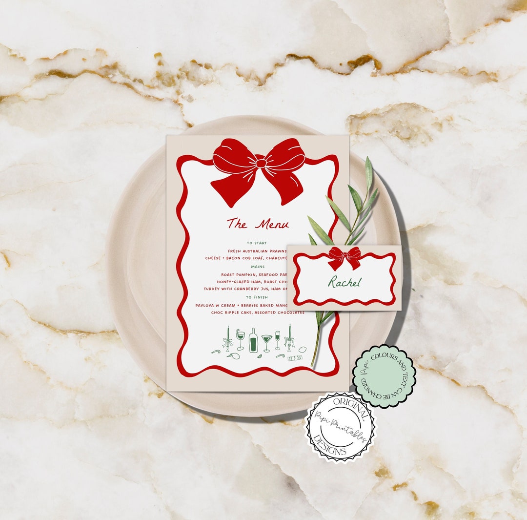 Christmas Menu + Place Card Template Hand Drawn Scribble Illustrations ...