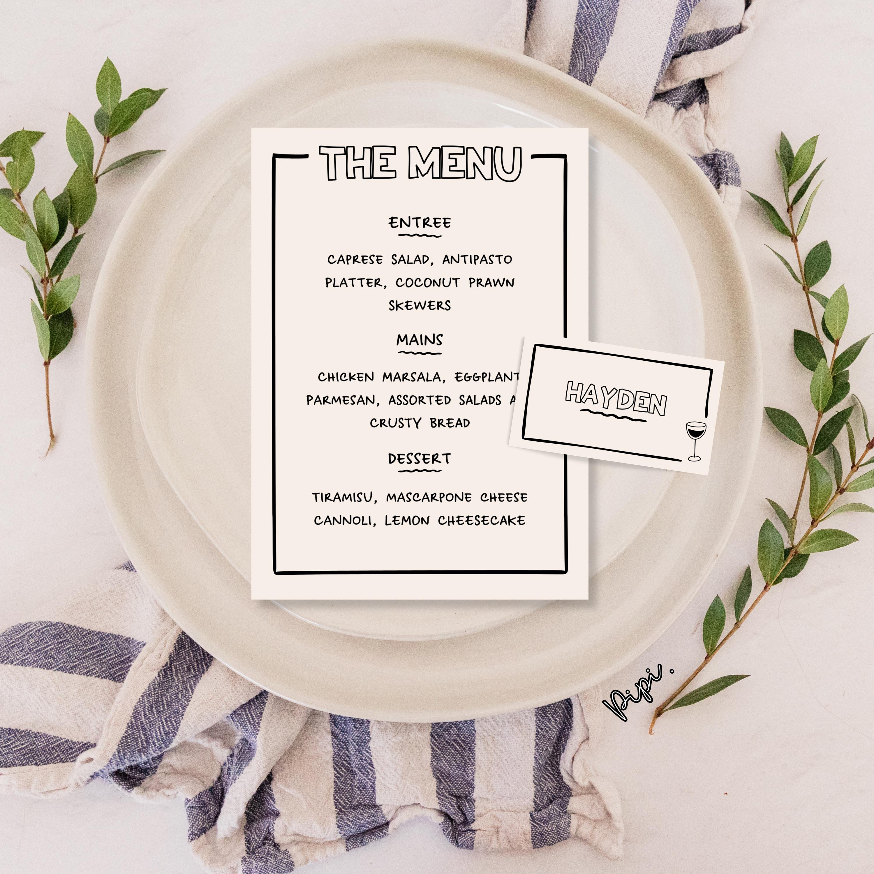 Wedding Menu + Place Card Template Cute People Scribble Illustration ...