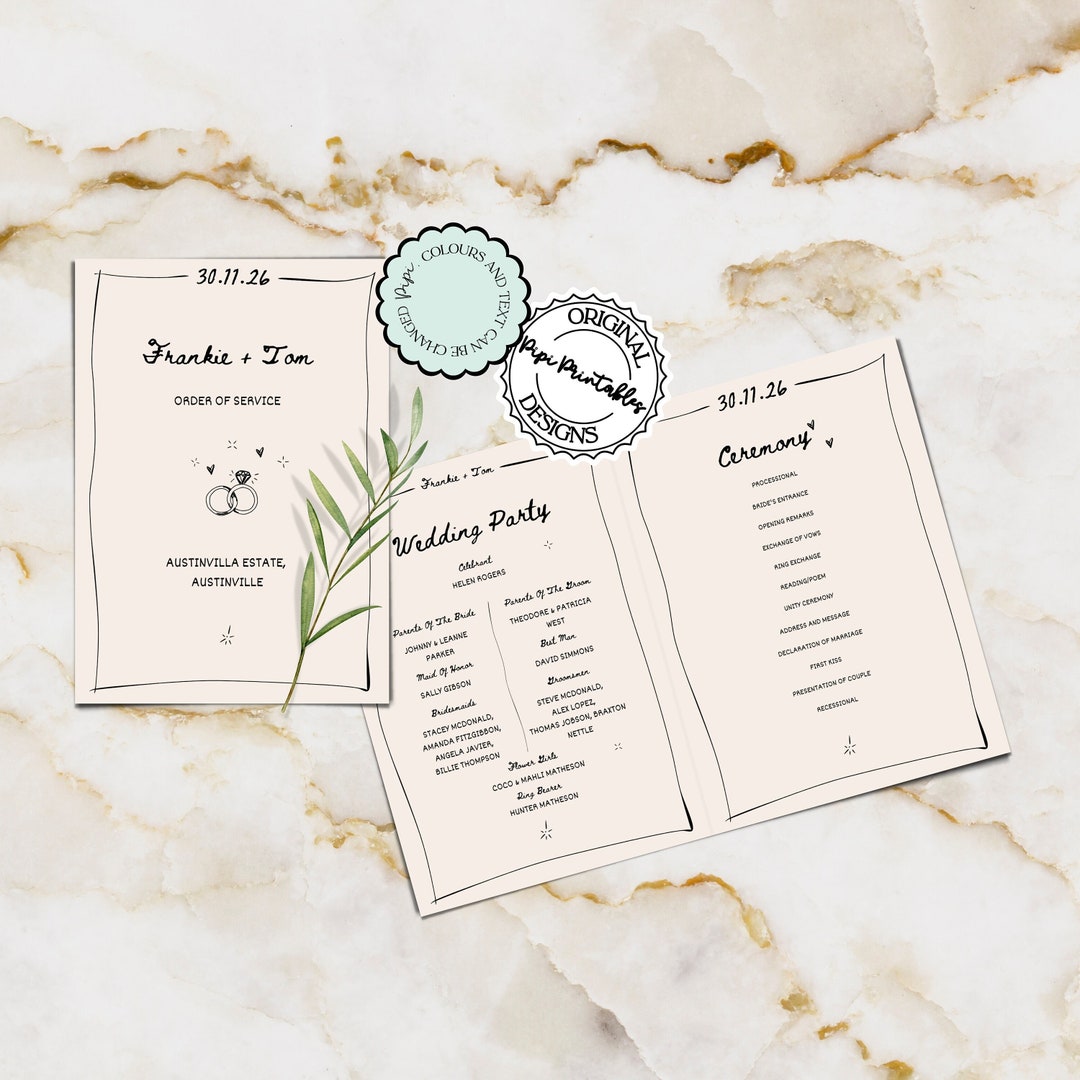 Illustrated Wedding Ceremony Program Template Fun Hand Drawn Order of ...