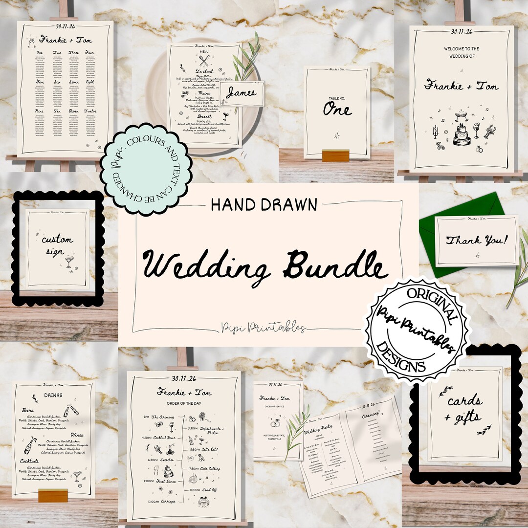 Hand Drawn Wedding Day Bundle Printable Templates Wedding Stationery ...