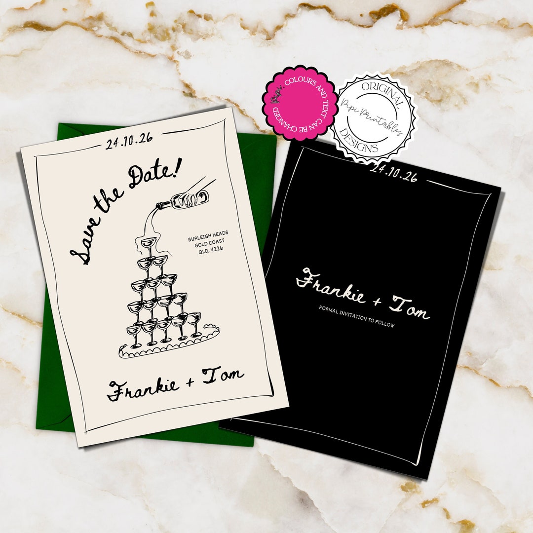 Whimsical Champagne Tower Save the Date Invitation Printable Save the ...