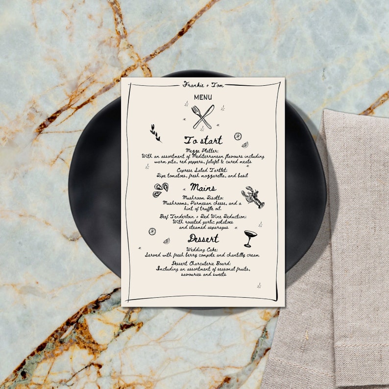 Menu and Place Card Wedding Printable Scribble Hand Drawn Wedding ...
