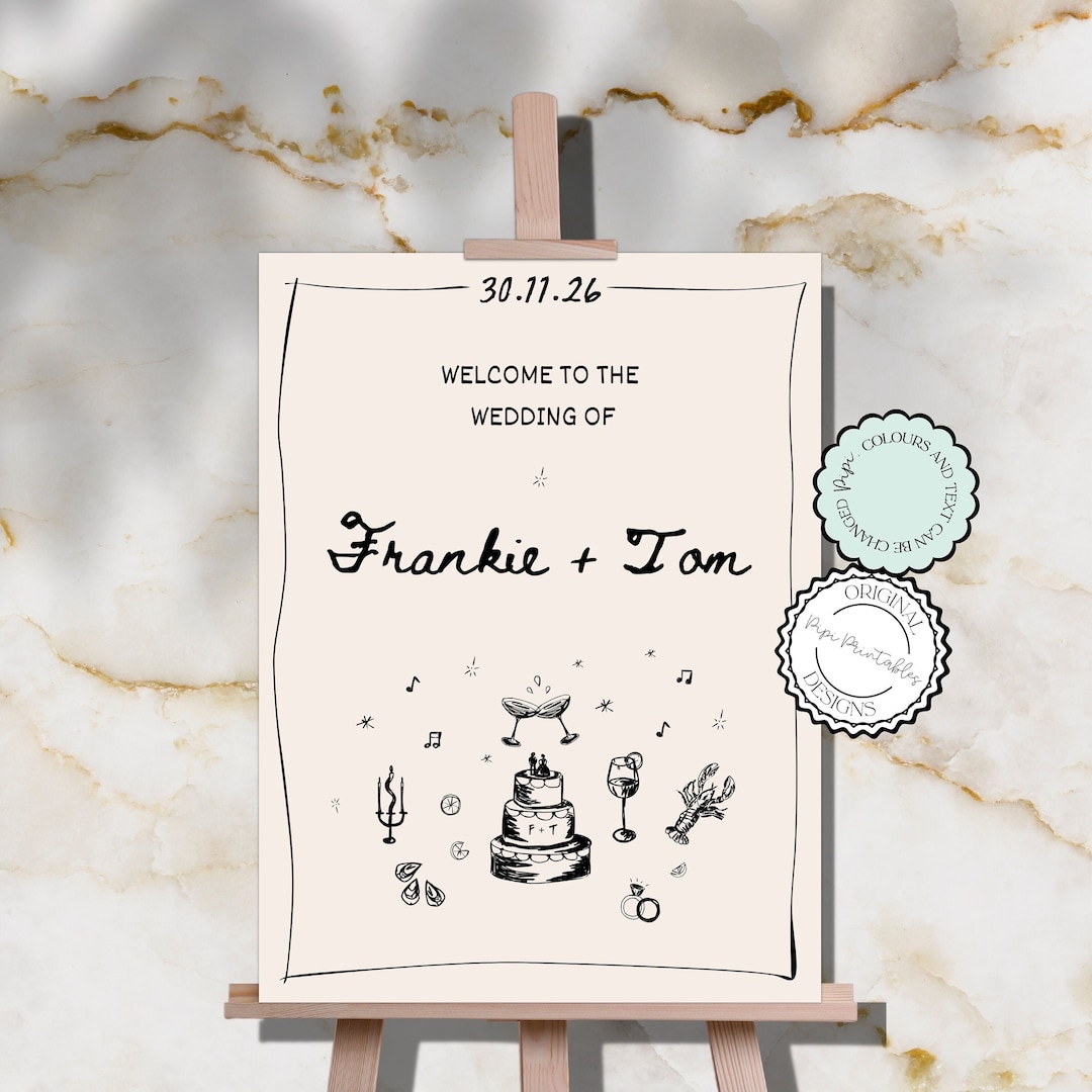 Printable Scribble Illustrated Wedding Welcome Sign Fun Hand Written ...