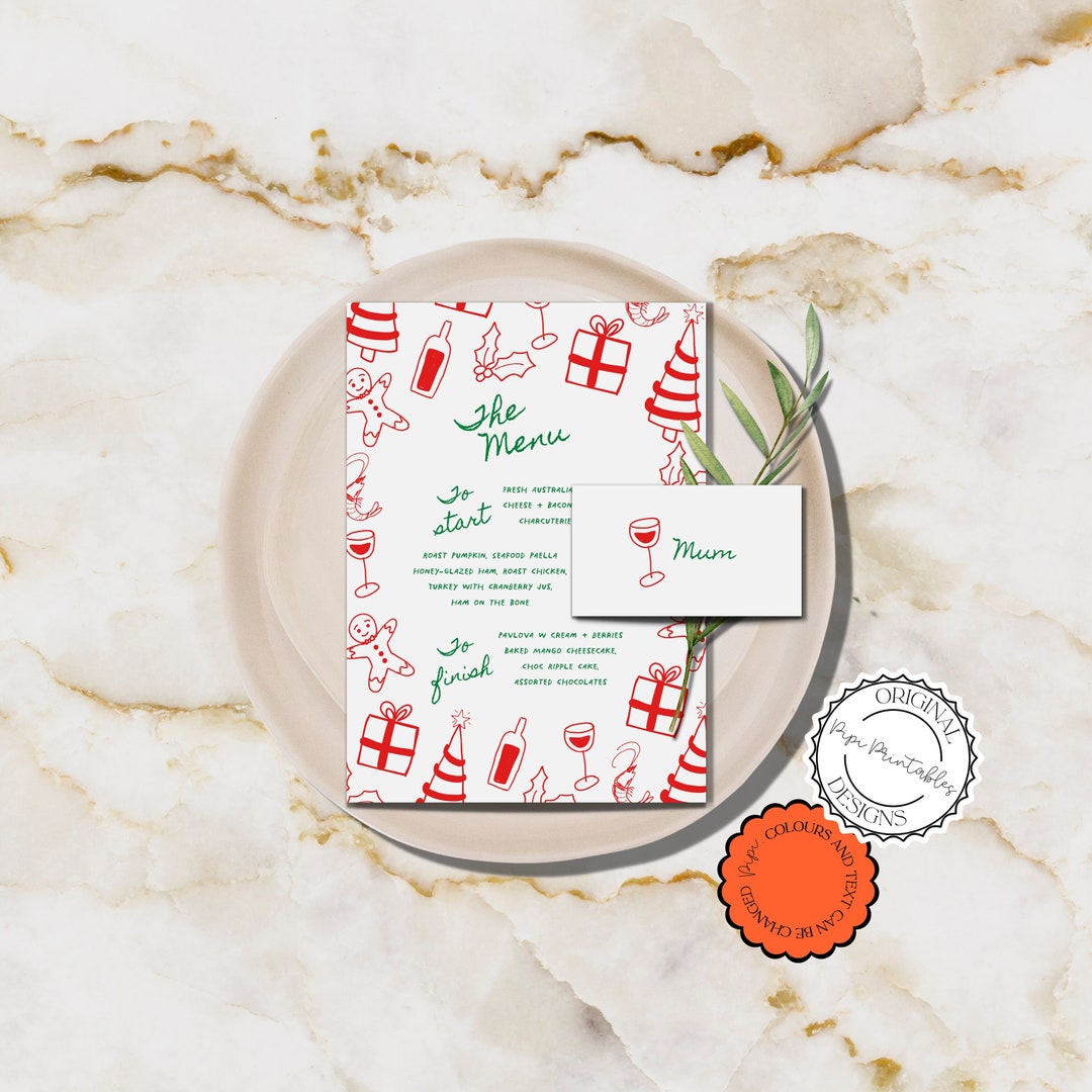 Illustrated Christmas Party Menu and Place Card Template Holiday Dinner ...