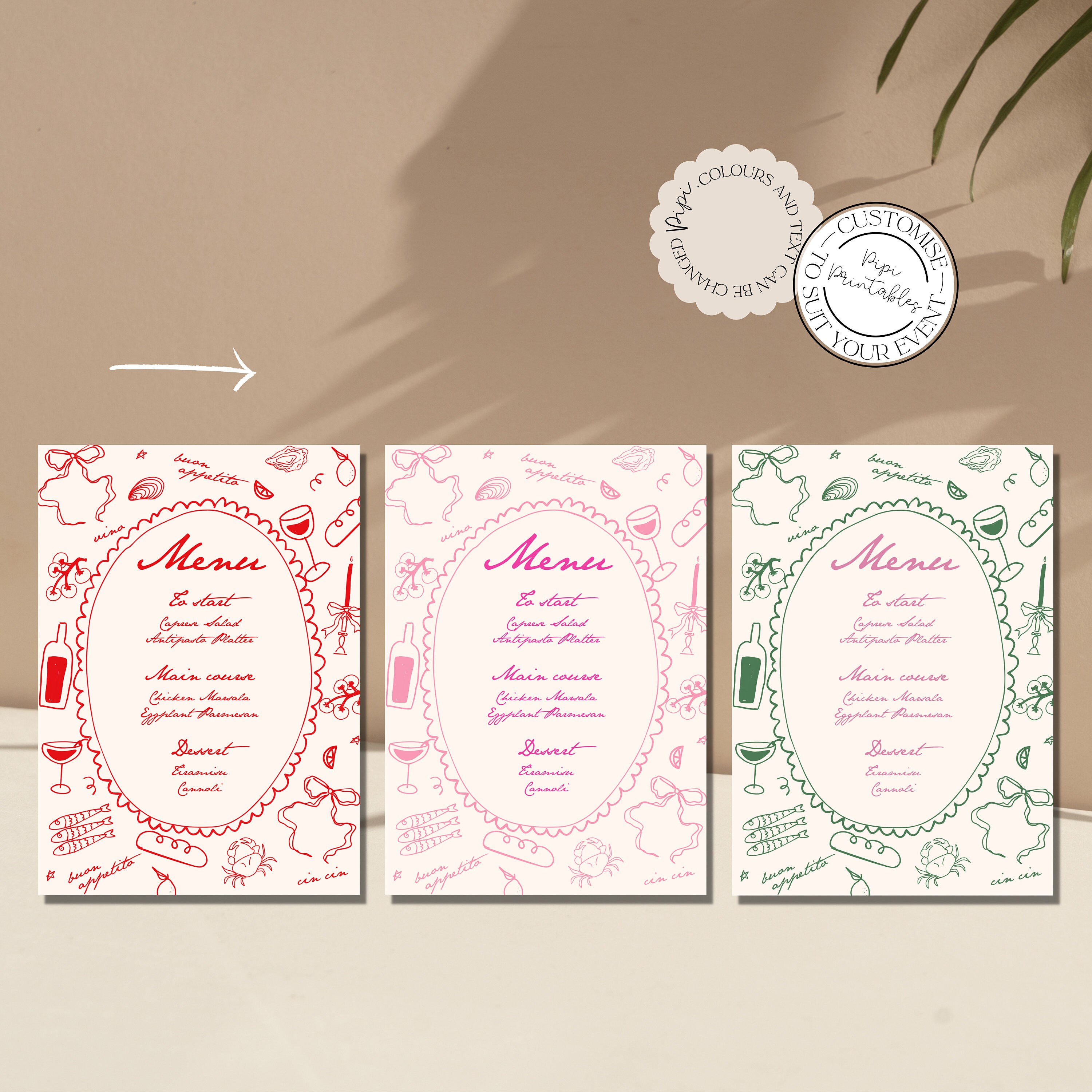 Menu + Place Card Template Italian Style Scribble Illustrations Hand ...