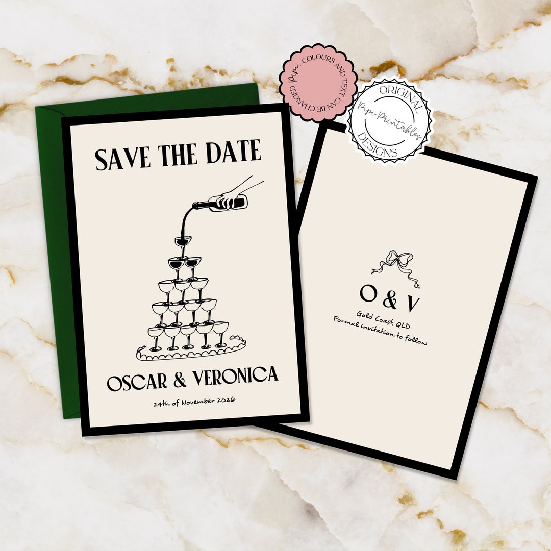 Hand Drawn Save the Date Invitation Template Champagne Tower Illustration Handwritten Wedding ...