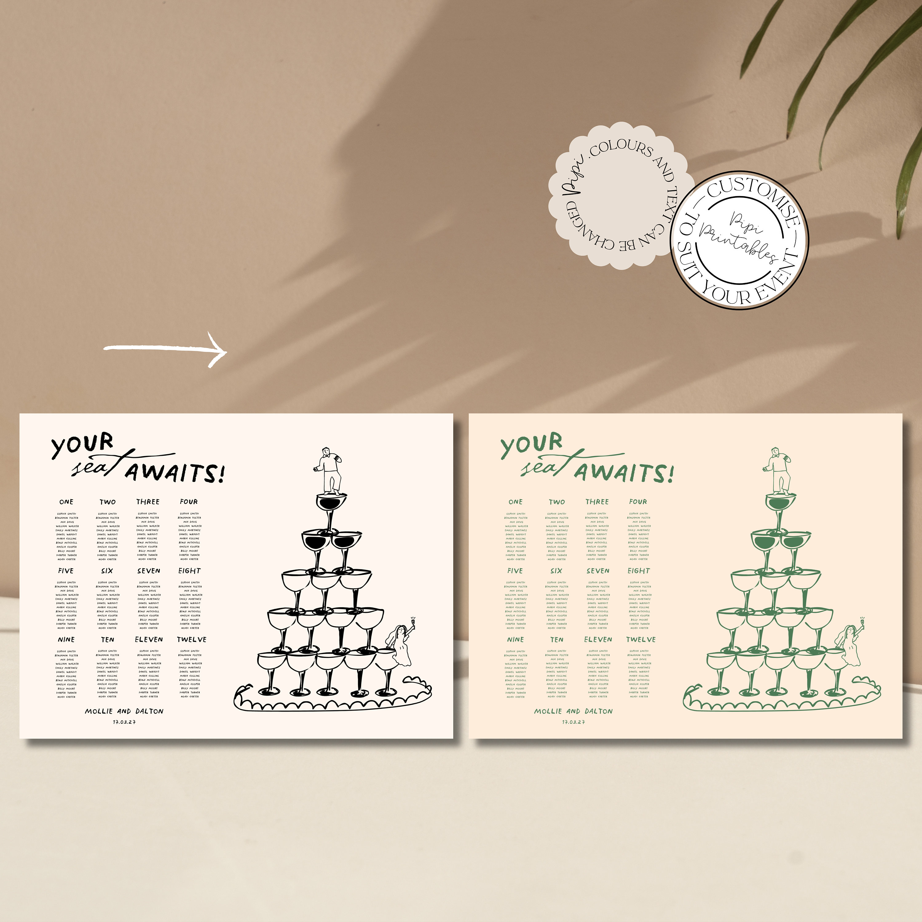 Wedding Seating Chart Template Fun Hand Drawn Champagne Tower Cute ...