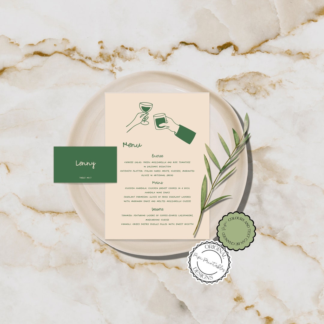 Hand Drawn Wedding Menu and Place Card Template Illustrated Dinner Menu ...