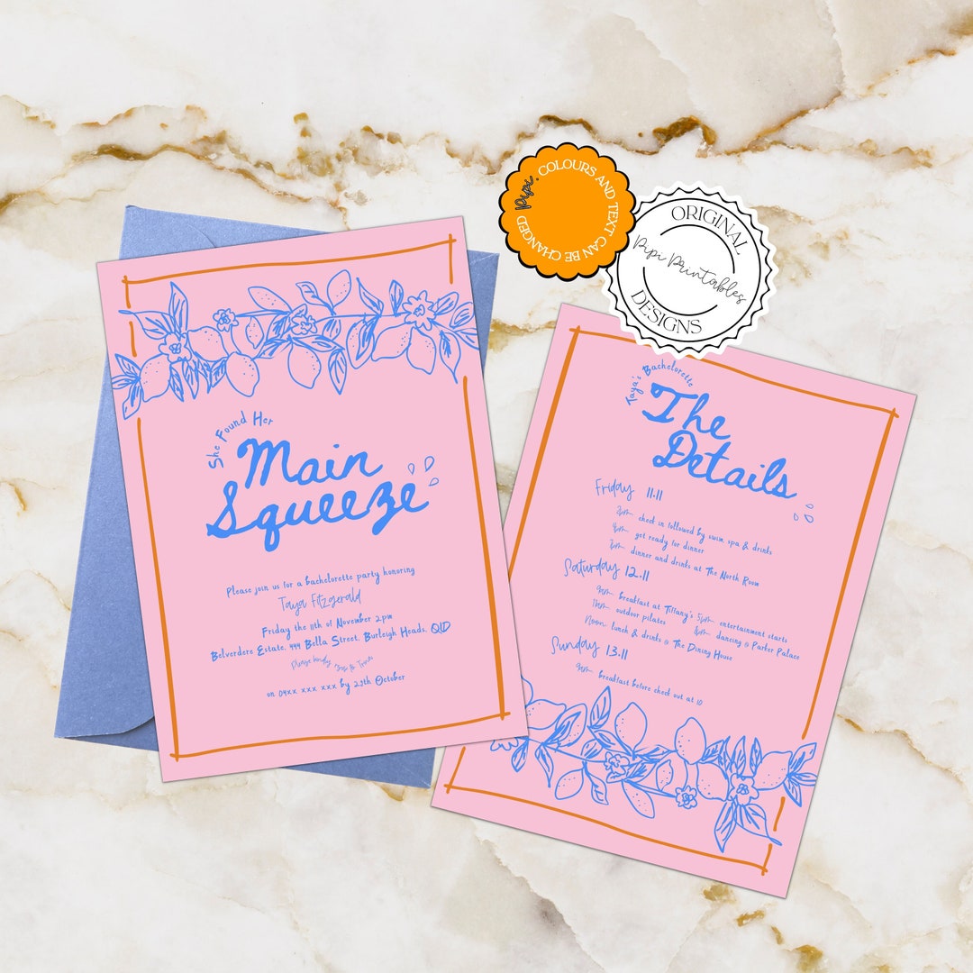 Main Squeeze Scribble Illustrated Bachelorette Party Invitation Weekend ...