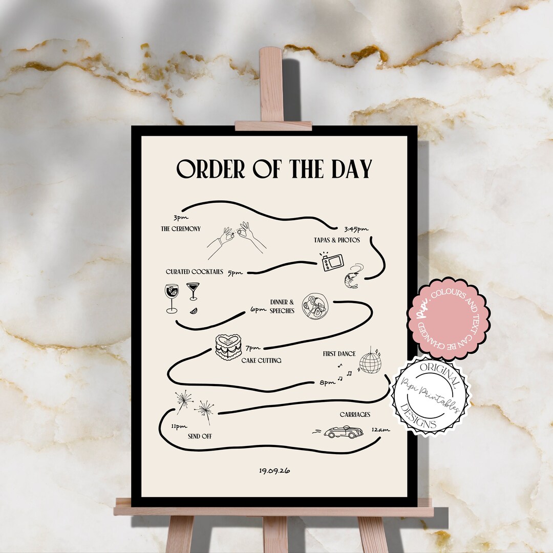 Hand Drawn Wedding Order of the Day Sign Template Old Money Fun ...