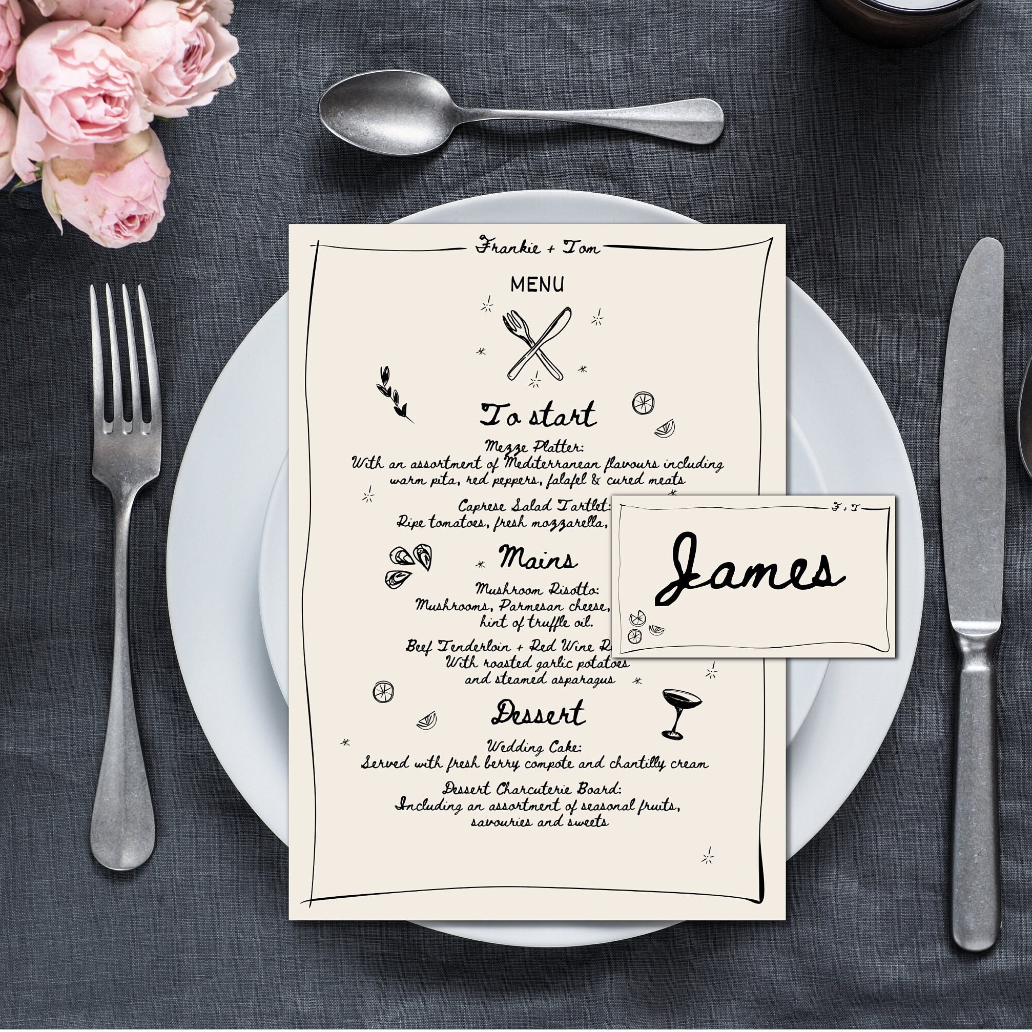 Menu and Place Card Wedding Printable Scribble Hand Drawn Wedding ...