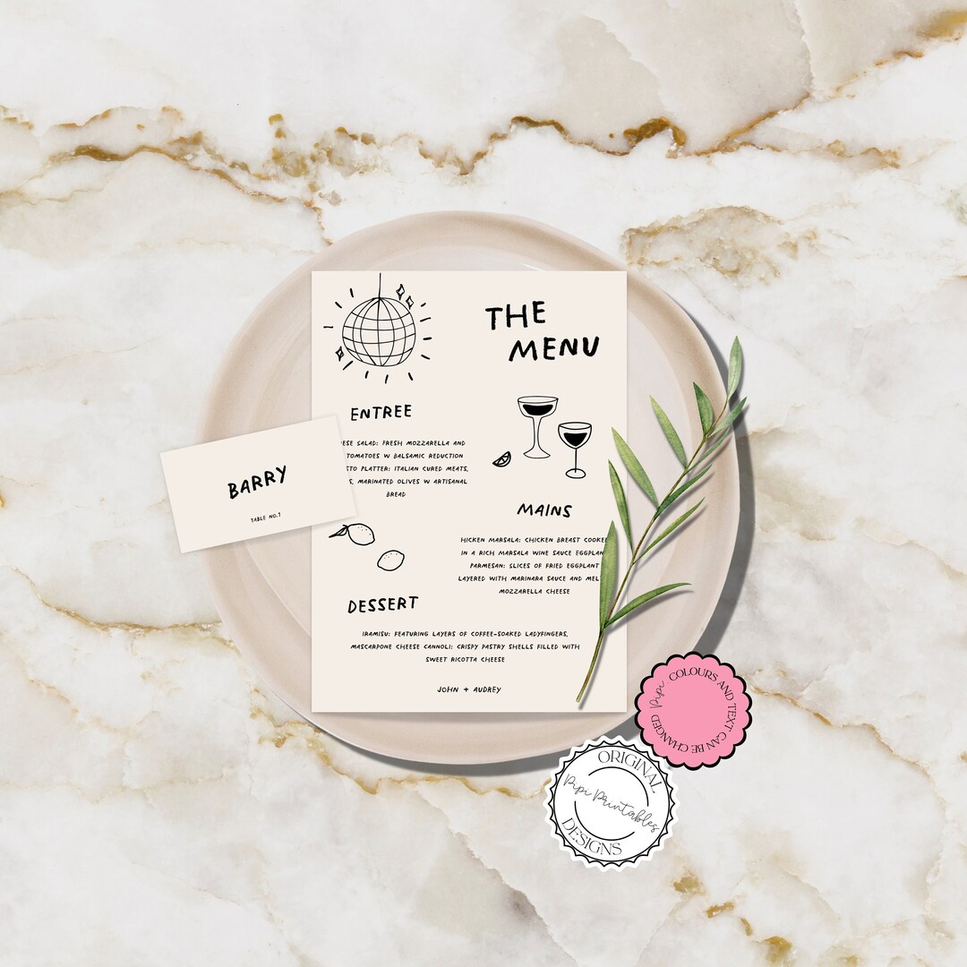 Hand Drawn Wedding Menu + Place Card Template Illustrated Dinner Menu ...