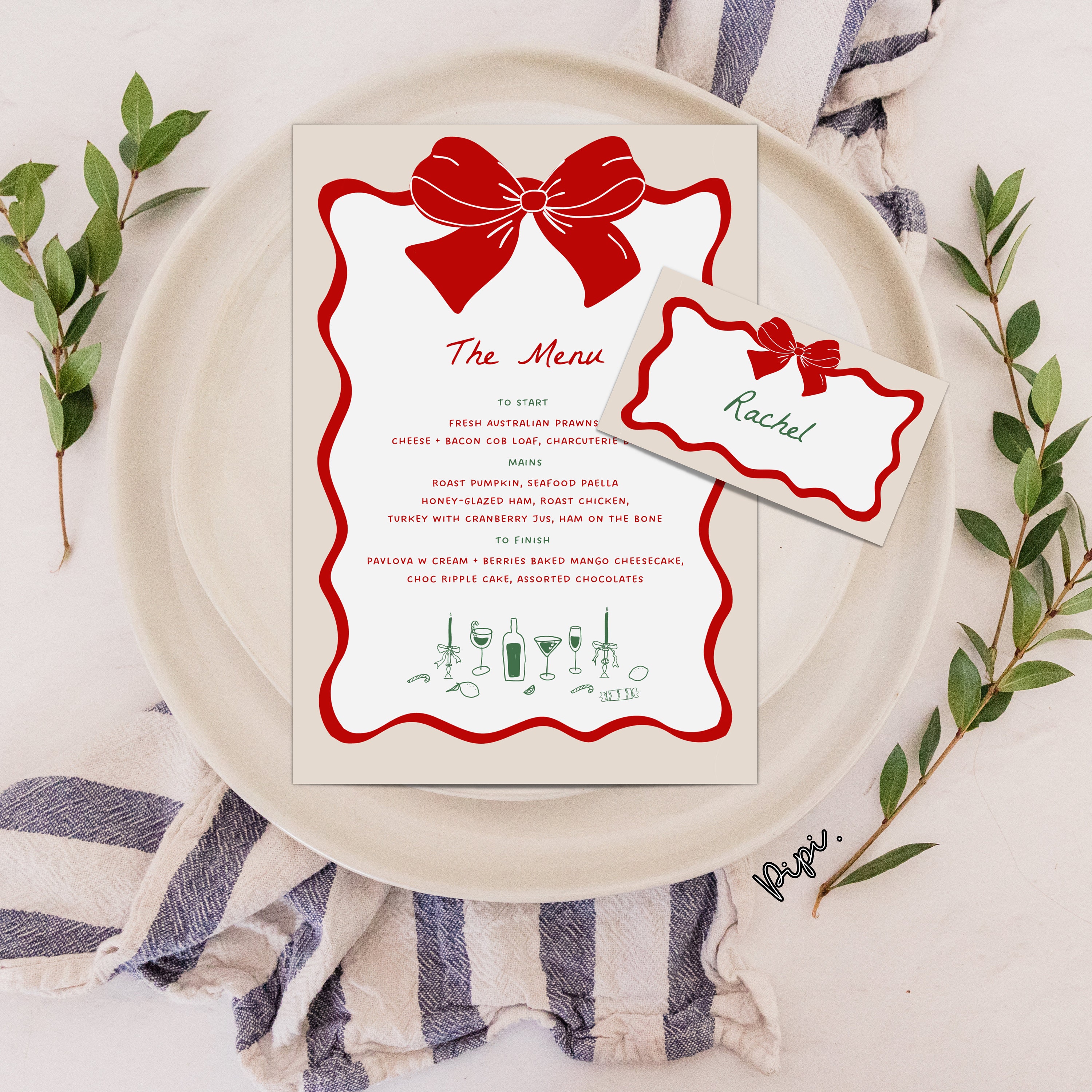 Christmas Menu Place Card Template Hand Drawn Scribble Illustrations ...