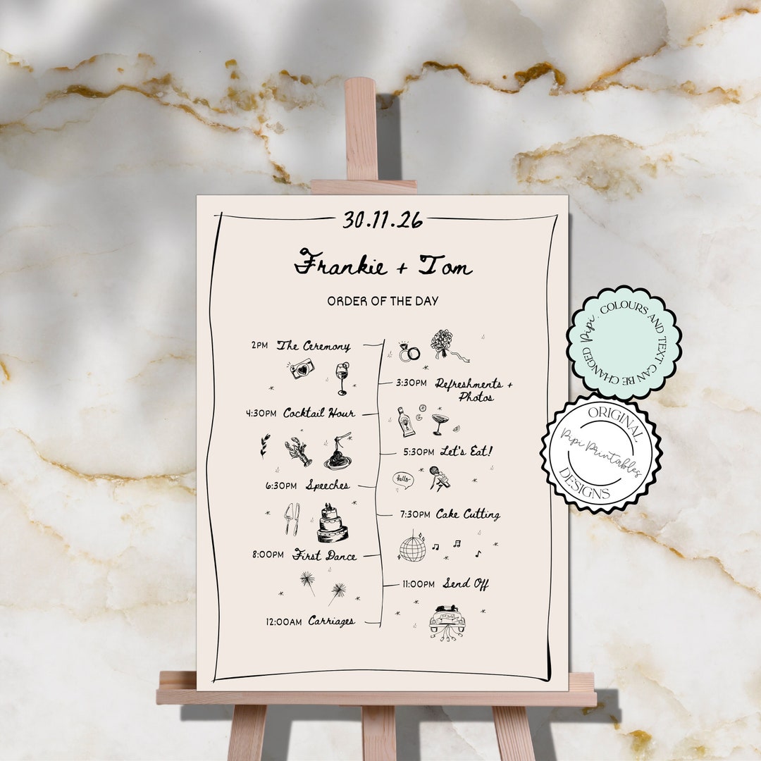 Printable Order of Events Wedding Sign Hand Drawn Wedding Timeline ...