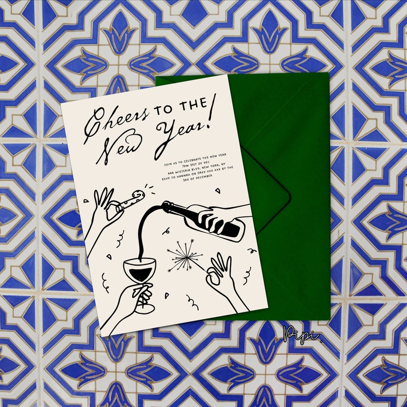 New Years Party Invite Template Hand Drawn Scribble Illustration Cheers ...
