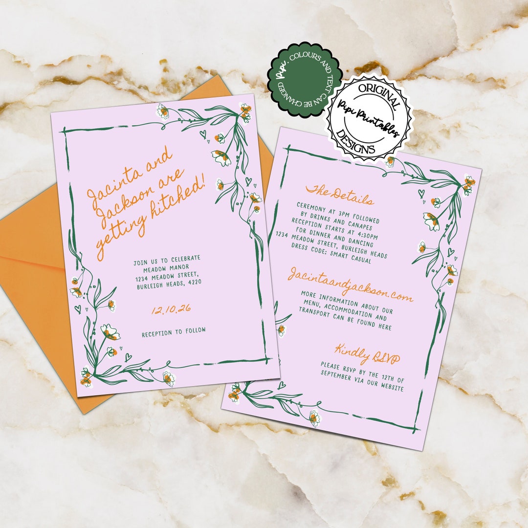 Wedding Invitation Template Scribble Illustrated Floral Hand Drawn ...