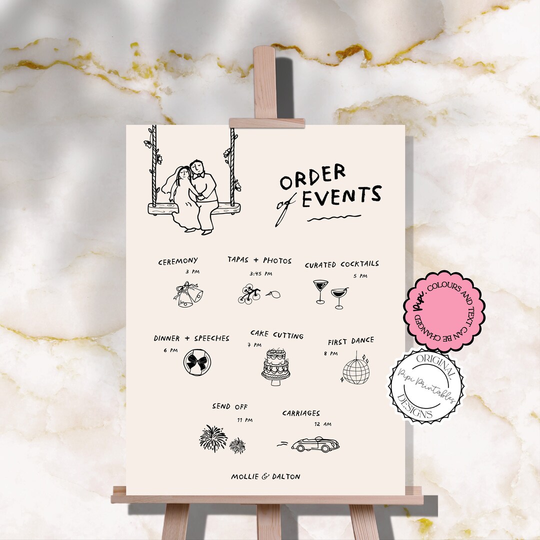 Illustrated Order of Events Wedding Sign Template Wedding Day Timeline ...