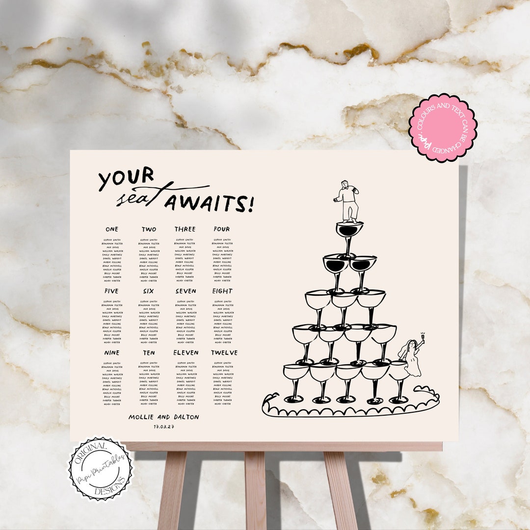 Wedding Seating Chart Template Fun Hand Drawn Champagne Tower Cute ...