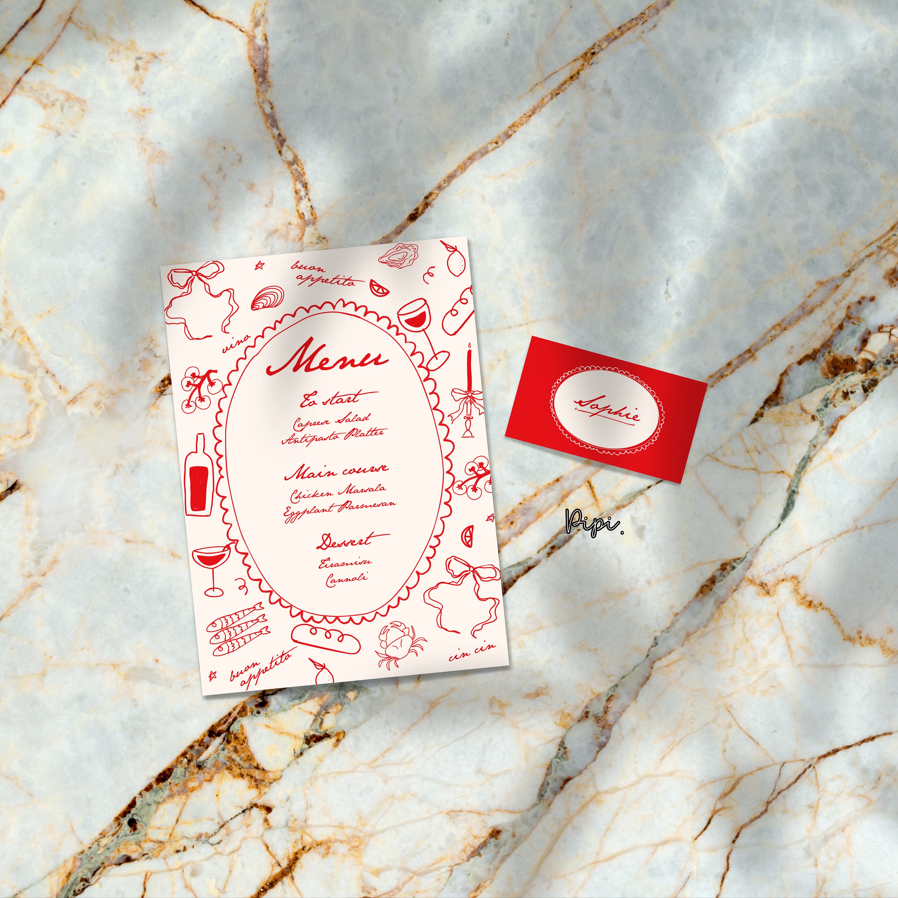 Menu + Place Card Template Italian Style Scribble Illustrations Hand ...