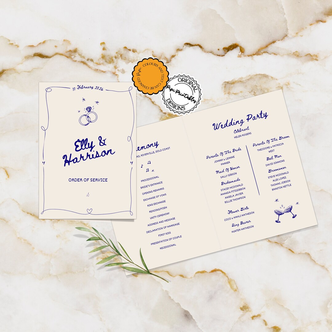 Illustrated Wedding Ceremony Program Template Handwritten Order of ...