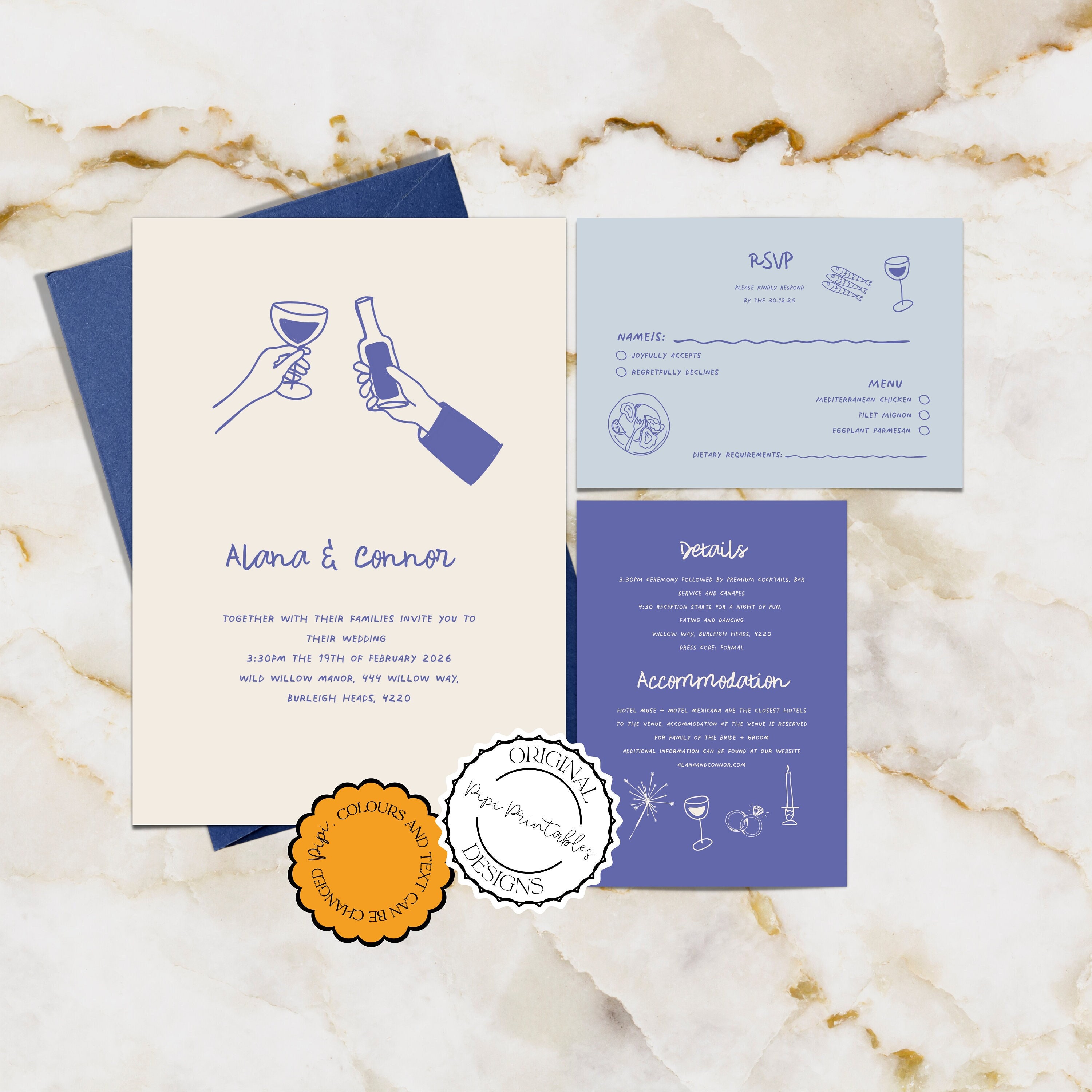 Illustrated Wedding Invitation Suite Template Something Blue Colorful ...