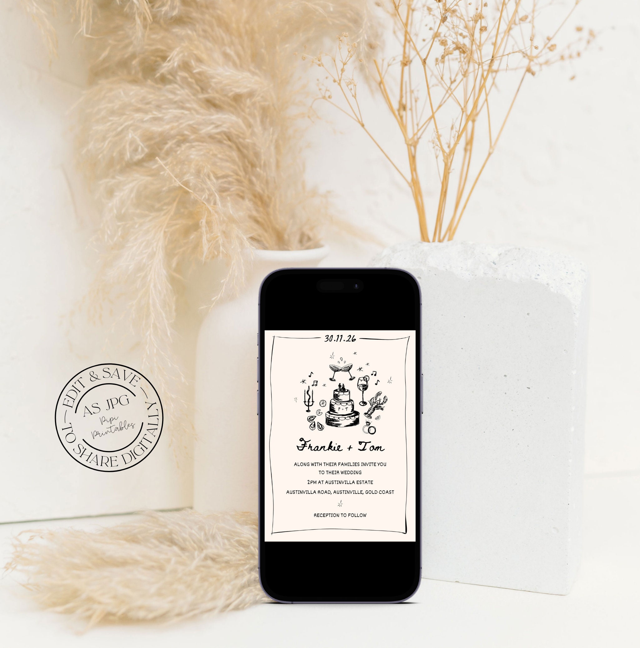 Printable Scribble Illustrated Wedding Invitation Handwritten - Etsy