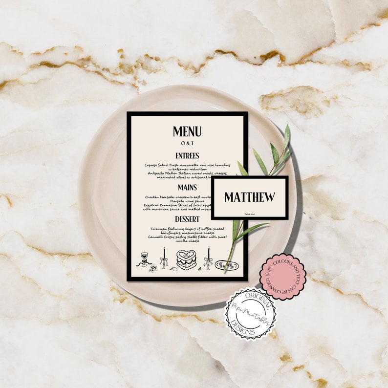 Menu + Place Card Template Old Money Retro Vintage Style Illustrated ...