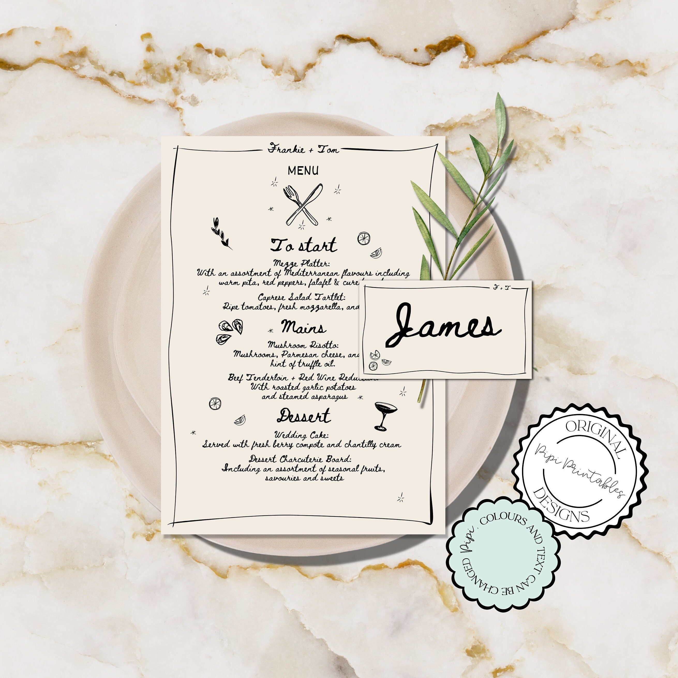 Menu and Place Card Wedding Printable Scribble Hand Drawn Wedding ...
