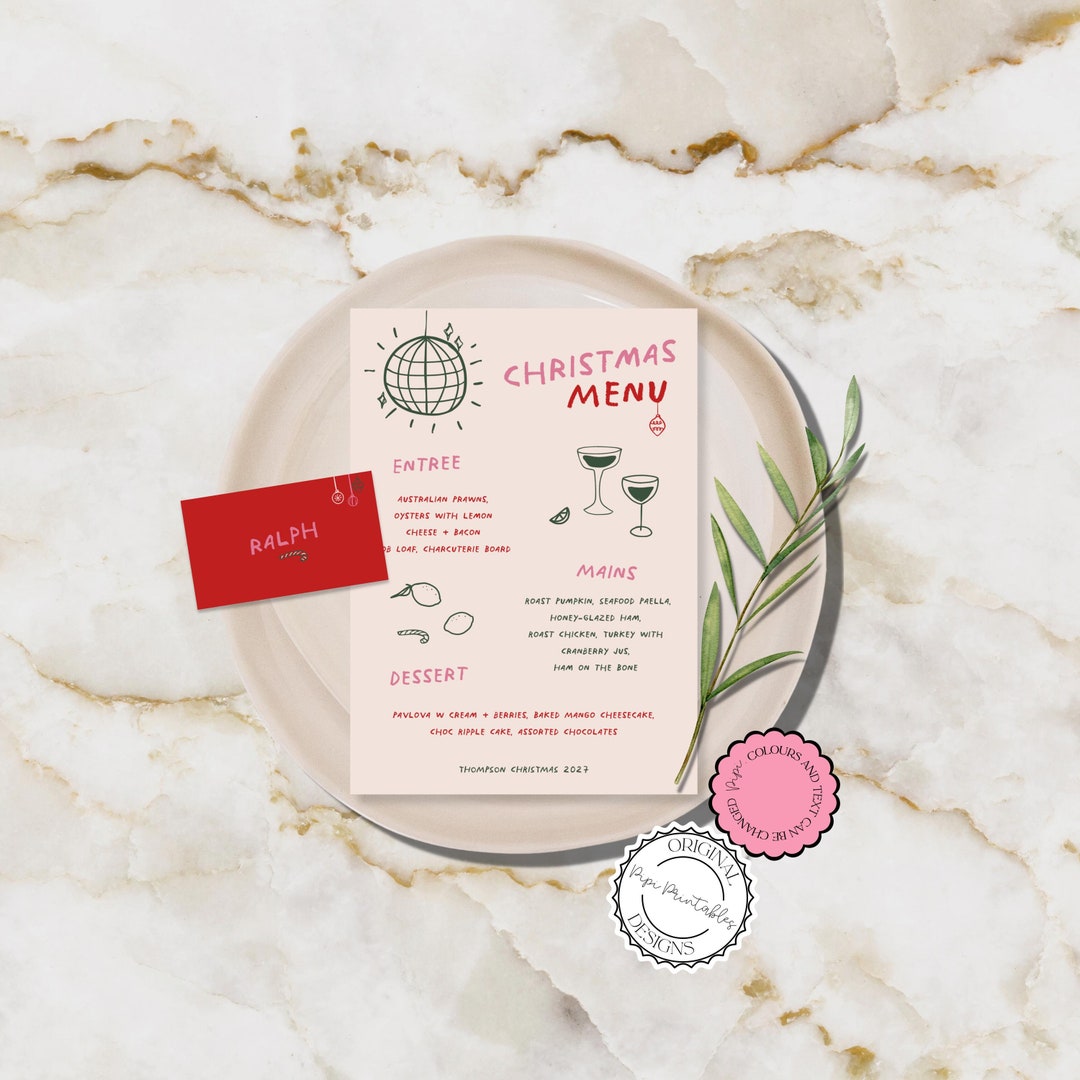 Christmas Menu + Place Card Template Hand Drawn Scribble Illustrations ...