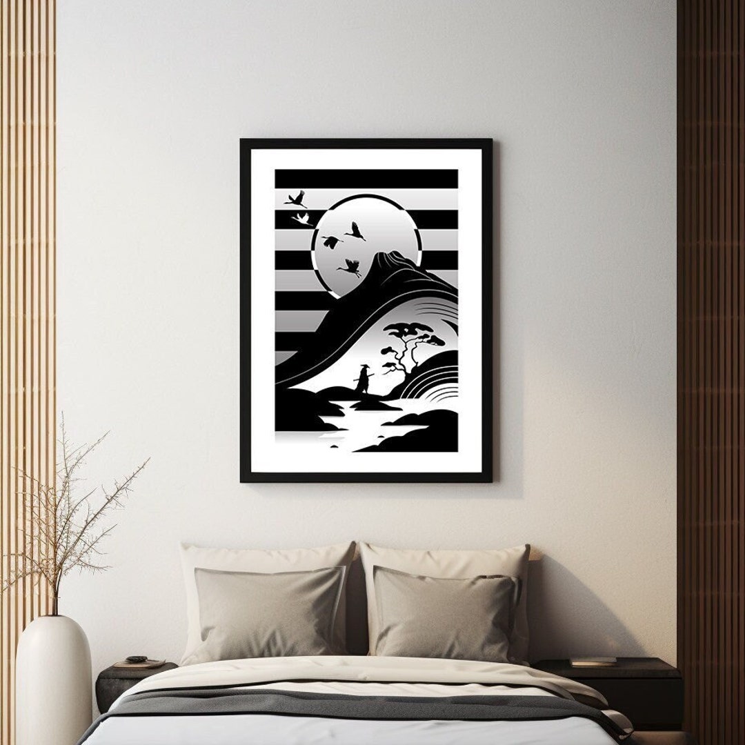Japanese Zen Mountain, Sunset, Samurai, Bonsai Tree, Wabi Sabi Poster ...