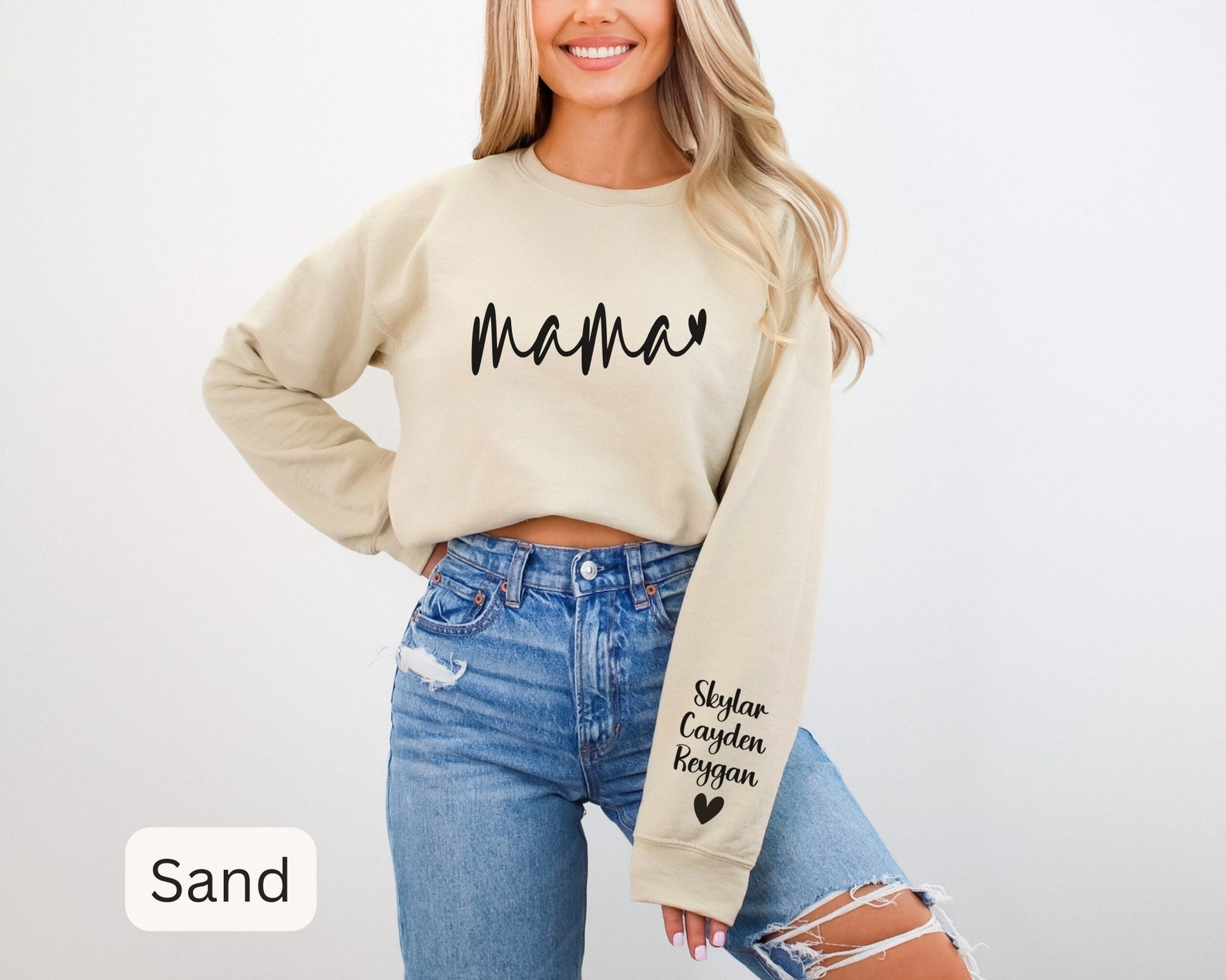 Custom Mama Sweatshirt Kid Name on Sleeve, Custom Mama Sweater, Mothers ...