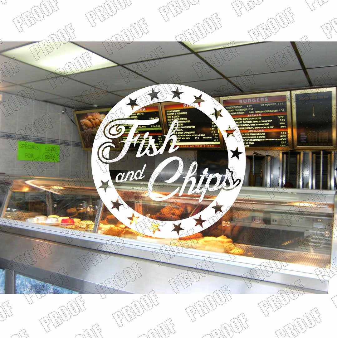 Fish & Chips With Stars, Chip Shop, Shop Window Stickers, 550mm X 550mm ...