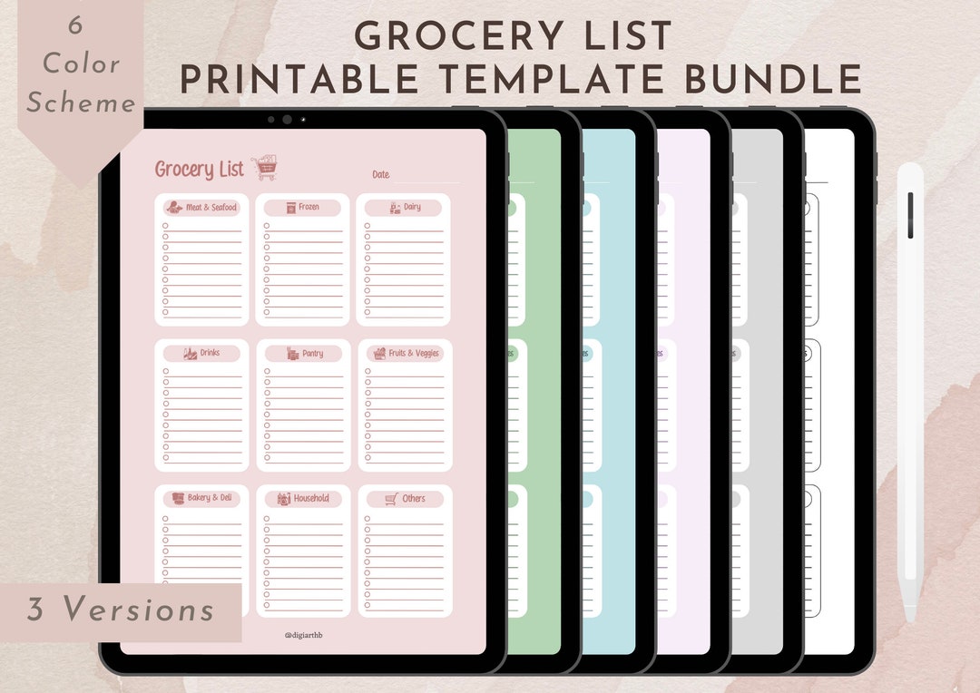 Digital Grocery List Printable Template Bundle Download, Grocery ...