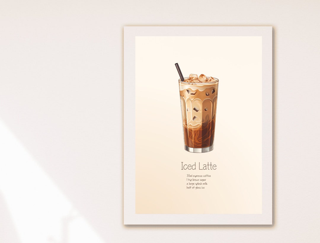 Iced Latte Poster, Iced Coffee Poster, Bar Cart Decor, Cocktail Recipe ...