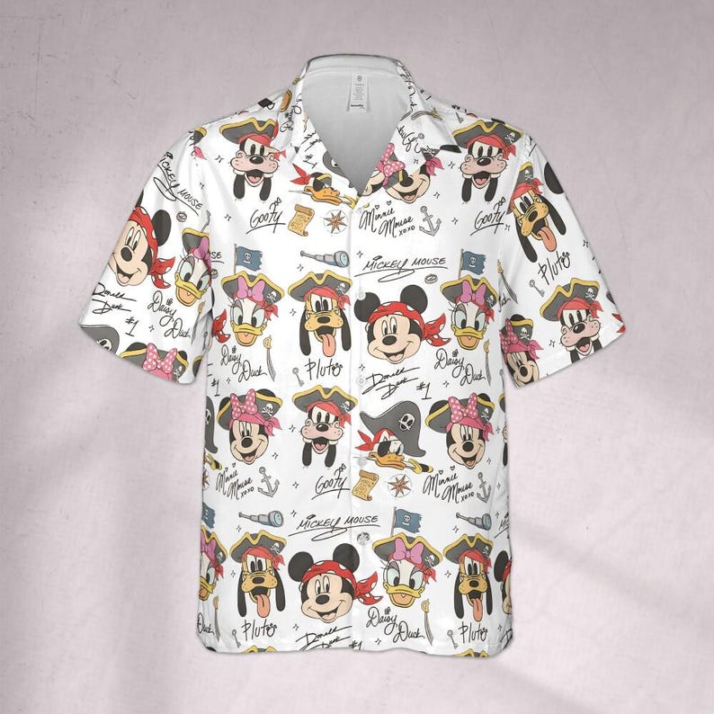 Fun Mickey Pirates Sketch Hawaiian Shirt, DCL Pirate Night White Button ...