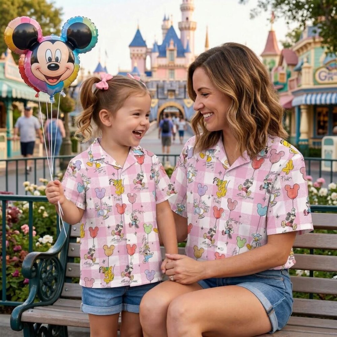 Gingham Pink Mickey Balloon Hawaiian Set, Disney Coquette Aesthetic ...