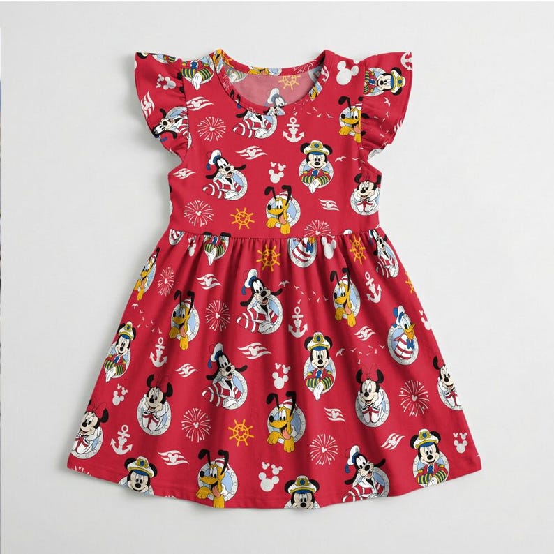Vibrant Red Nautical Mickey and Friends Cruise Ruffle Dress, DCL Pirate ...