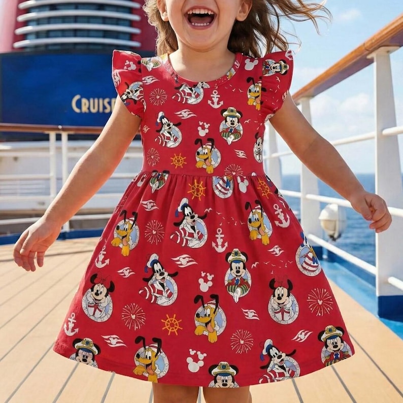 Vibrant Red Nautical Mickey and Friends Cruise Ruffle Dress, DCL Pirate ...
