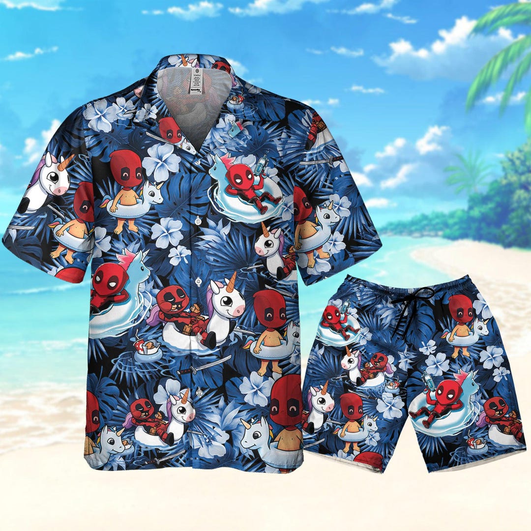 Deadpool in Summer Vacation Floral, Deadpool Superhero Button Up, Hero ...