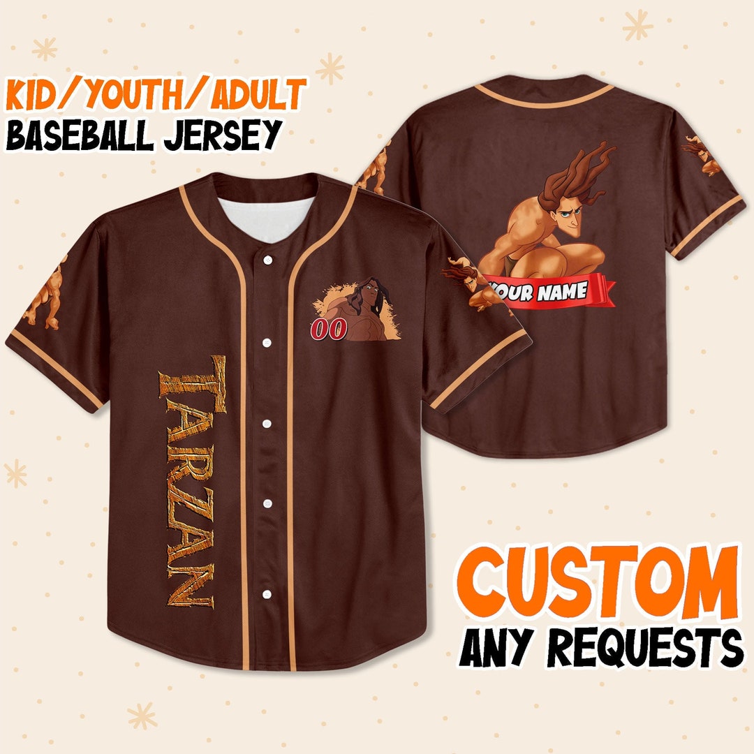 Personalize Tarzan Brown Yellow, Adult Disney Baseball Jersey Sports ...